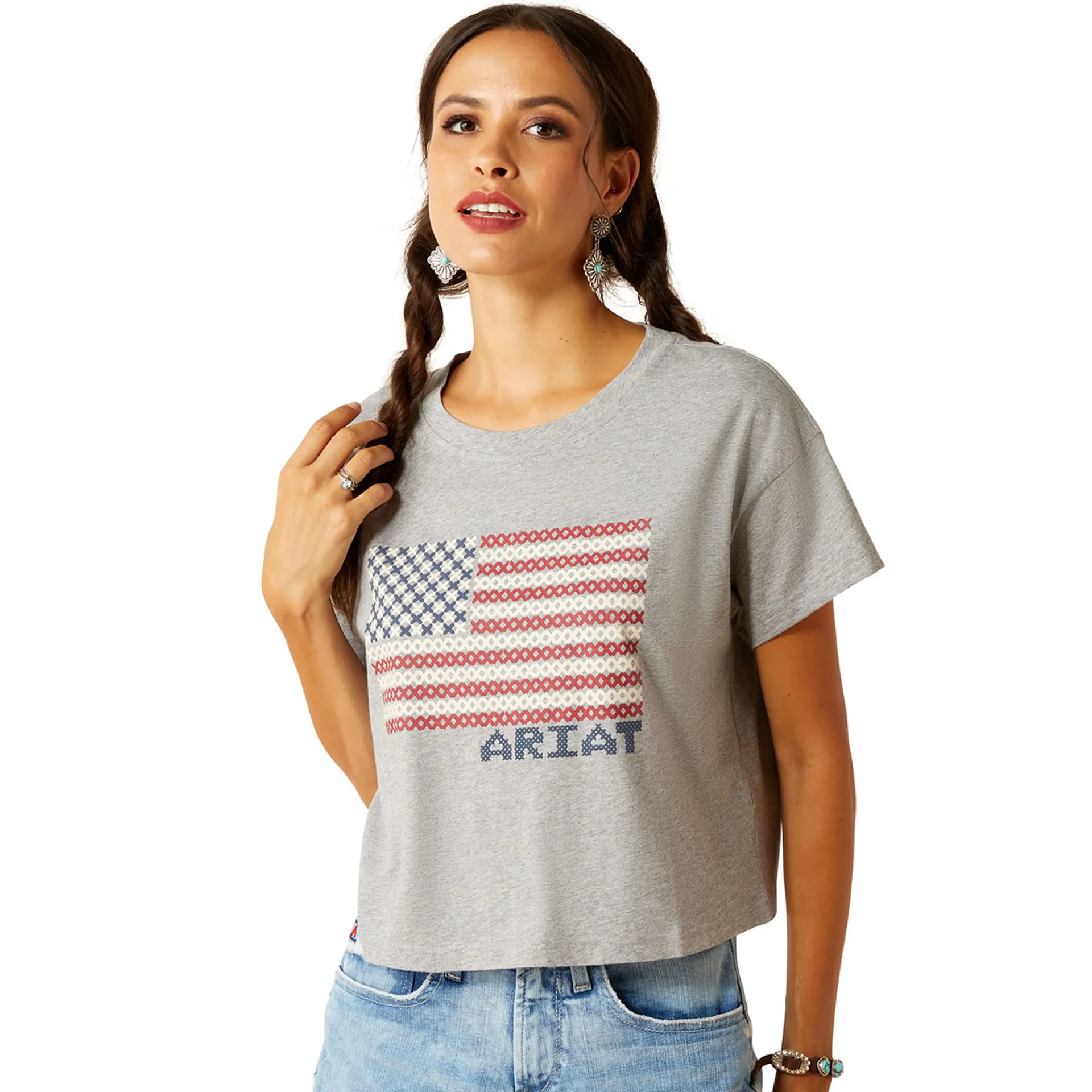 Ariat R.E.A.L Homespun Flag Ladies Tee - Heather Grey