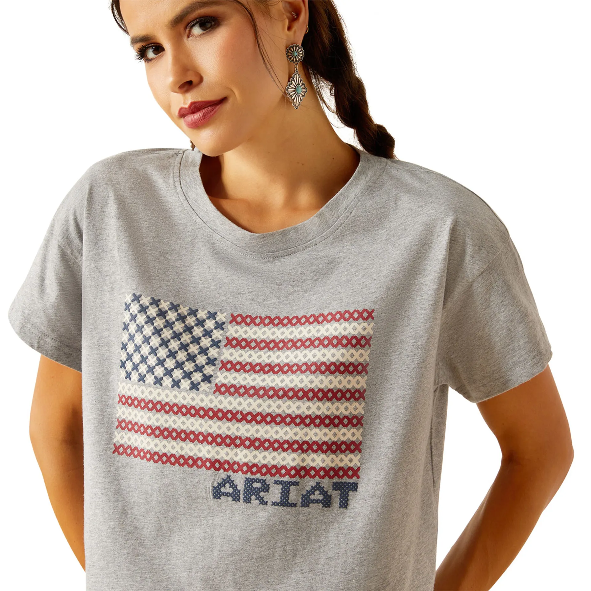 Ariat R.E.A.L Homespun Flag Ladies Tee - Heather Grey