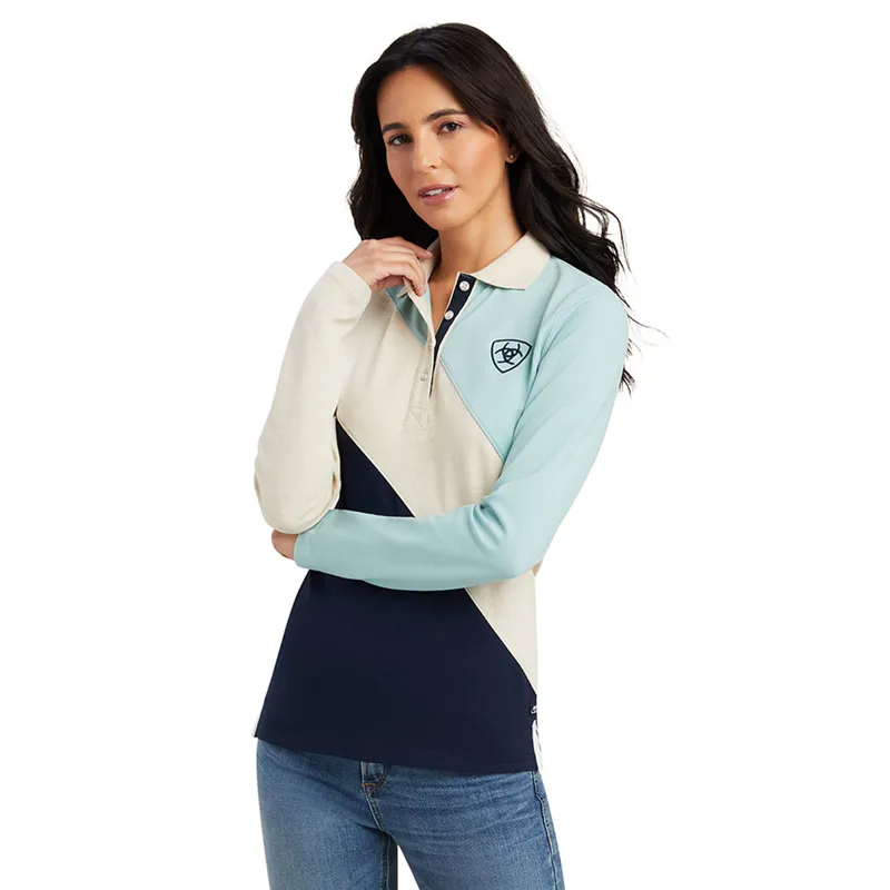 Ariat Taryn Ladies Long Sleeve Polo Shirt - Blue/Oatmeal/Navy