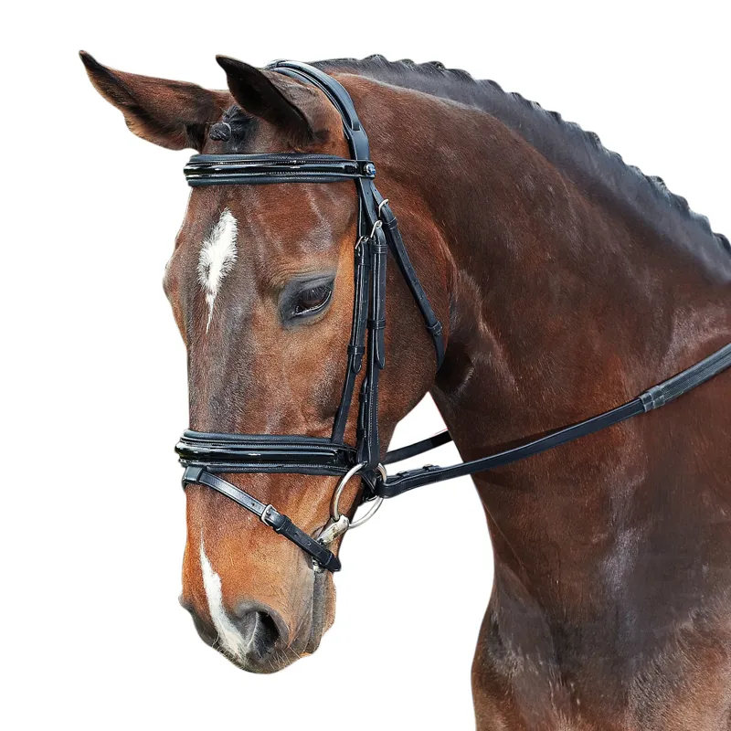 Collegiate Padded Headpiece Flash Patent Bridle with Reins - Black