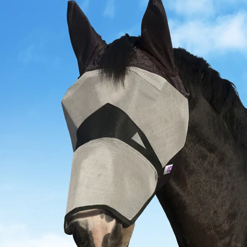 KM Elite Fly Mask with Ears and Nose - Grey/Black