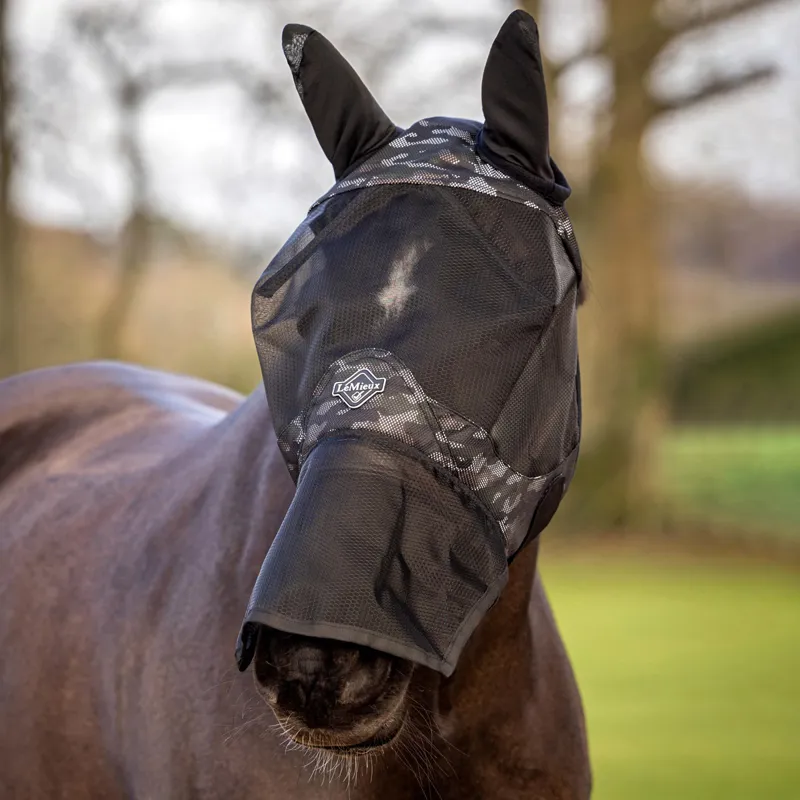 LeMieux Visor-Tek Full Fly Mask with Ears and Nose - Camo Brown