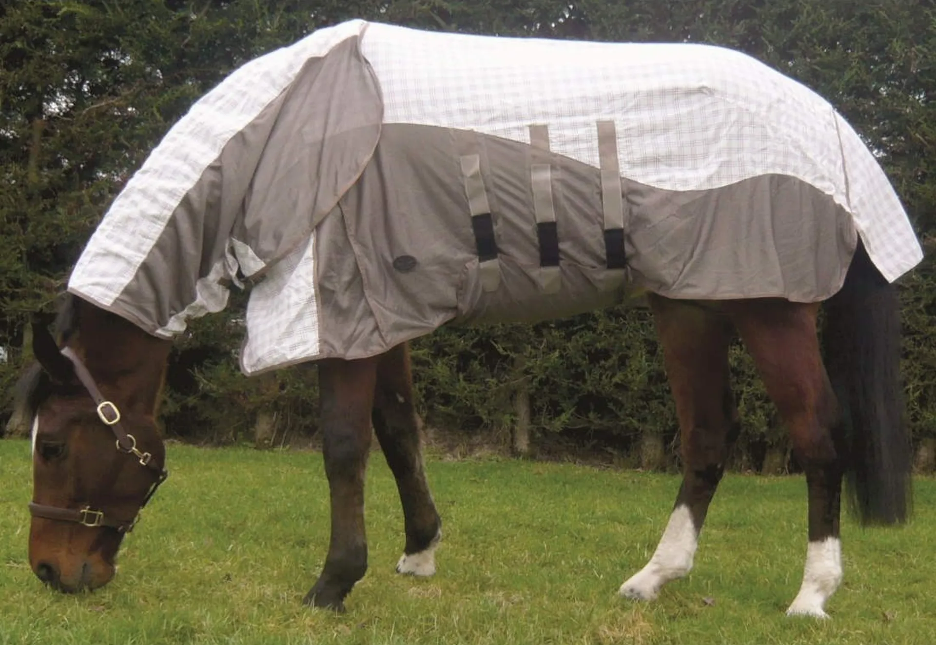 Mark Todd Air Mesh Full Neck Combo Fly Rug - White/Blue/Tan