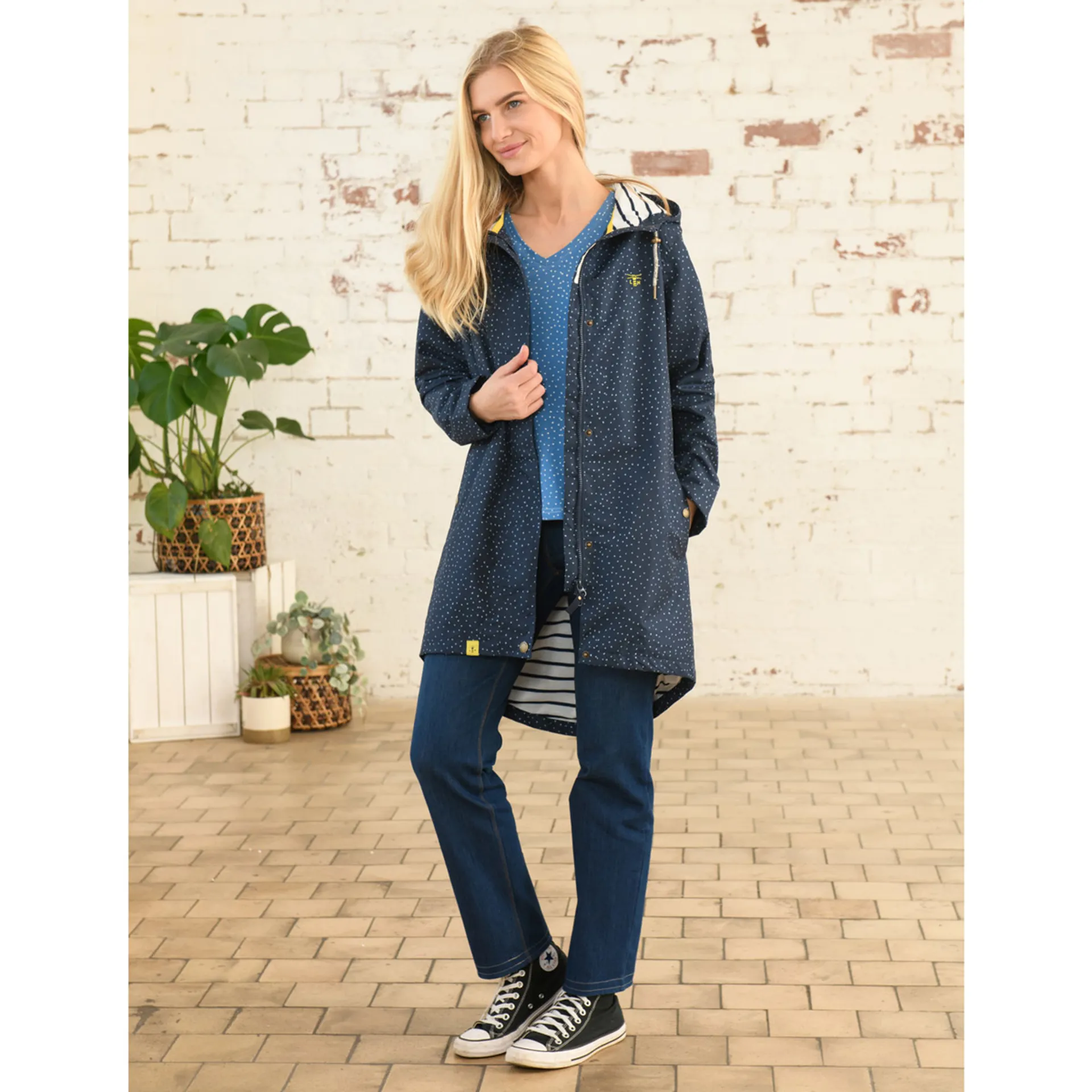 Lighthouse Beachcomber Ladies Long Waterproof Jacket - Navy Dot