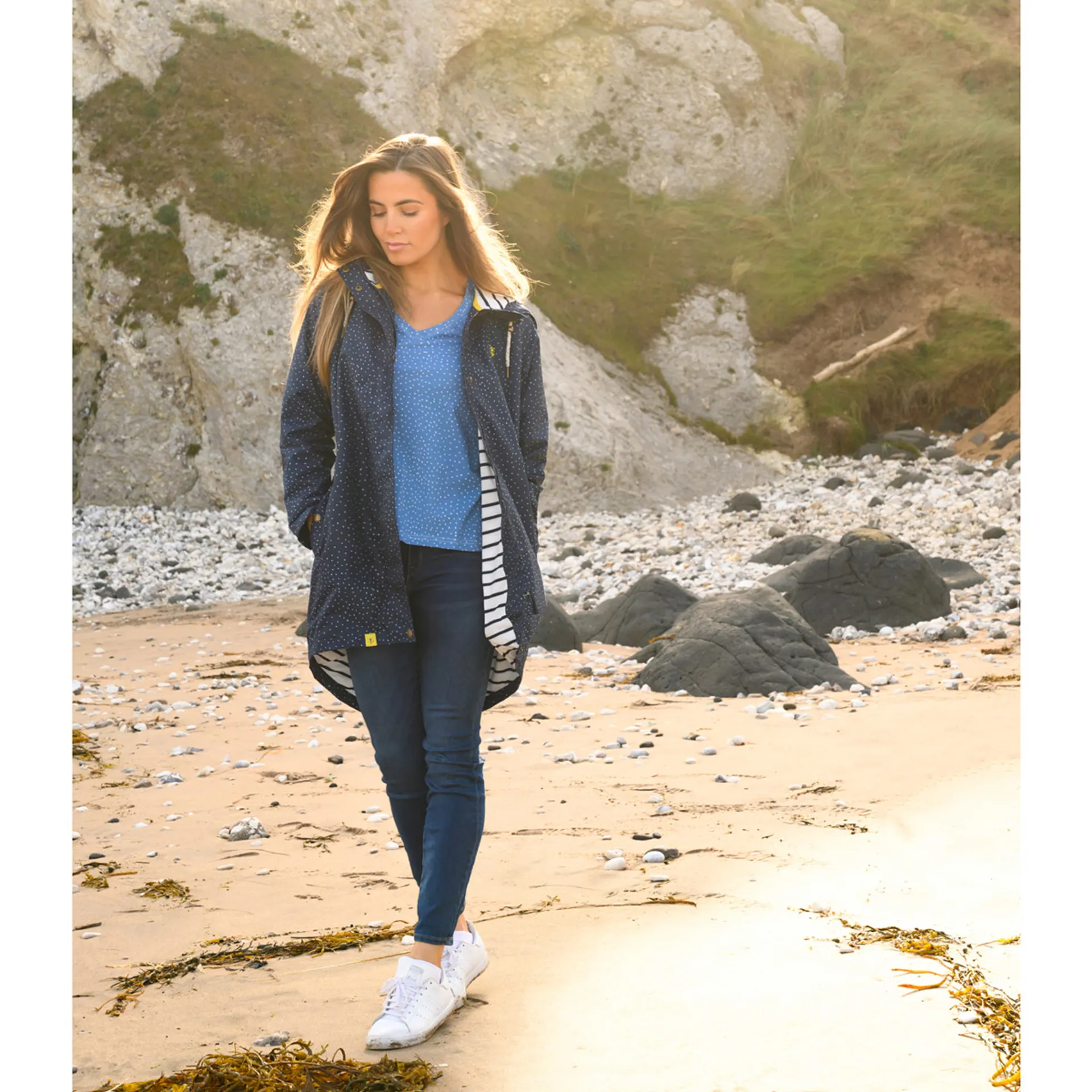 Lighthouse Beachcomber Ladies Long Waterproof Jacket - Navy Dot