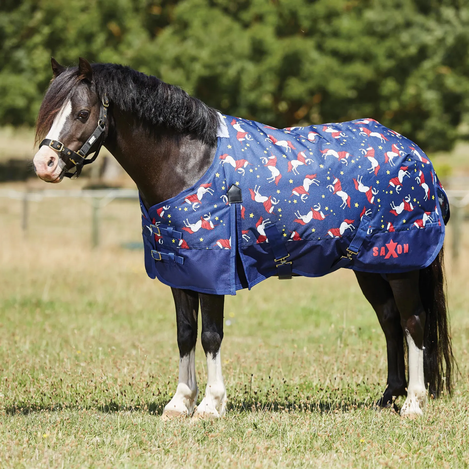 Saxon Pony 600D 180g Standard Neck Turnout Rug Blue Unicorn Print