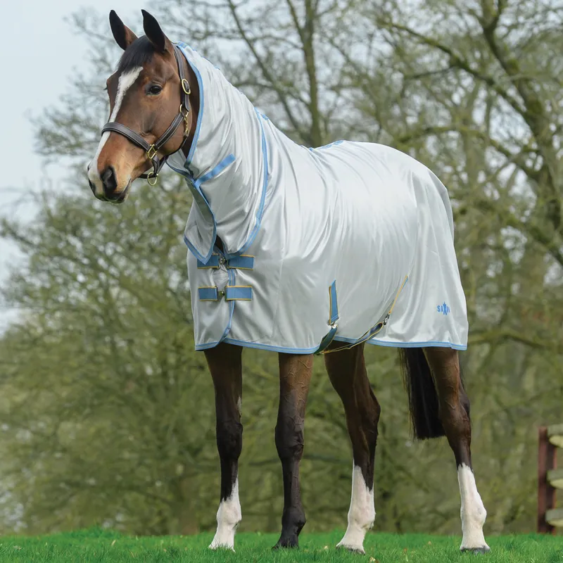 Saxon Mesh Combo Neck Fly Rug - Grey/Blue/Gold