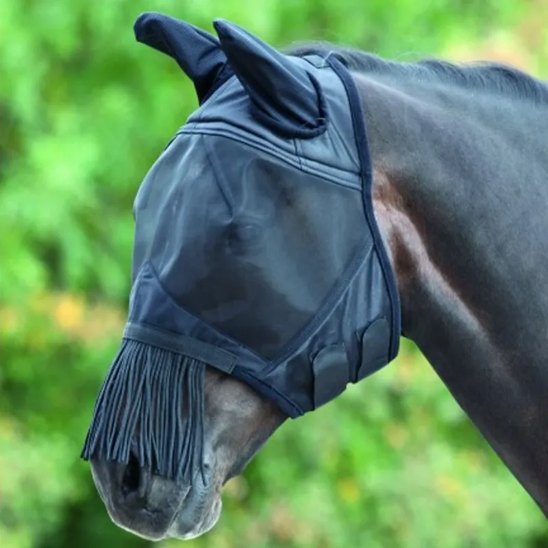 Shires Fine Mesh Fly Mask with Ears and Fringe - Black